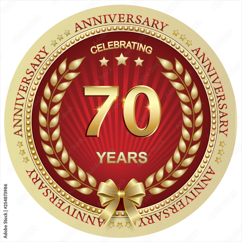 70th anniversary, happy Birthday with a laurel wreath on a red ...