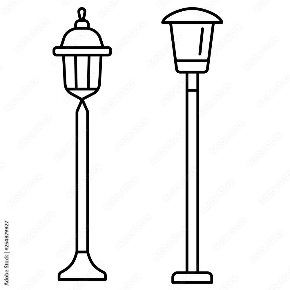 Black & white vector illustration of path walkway garden lamp. Line ...