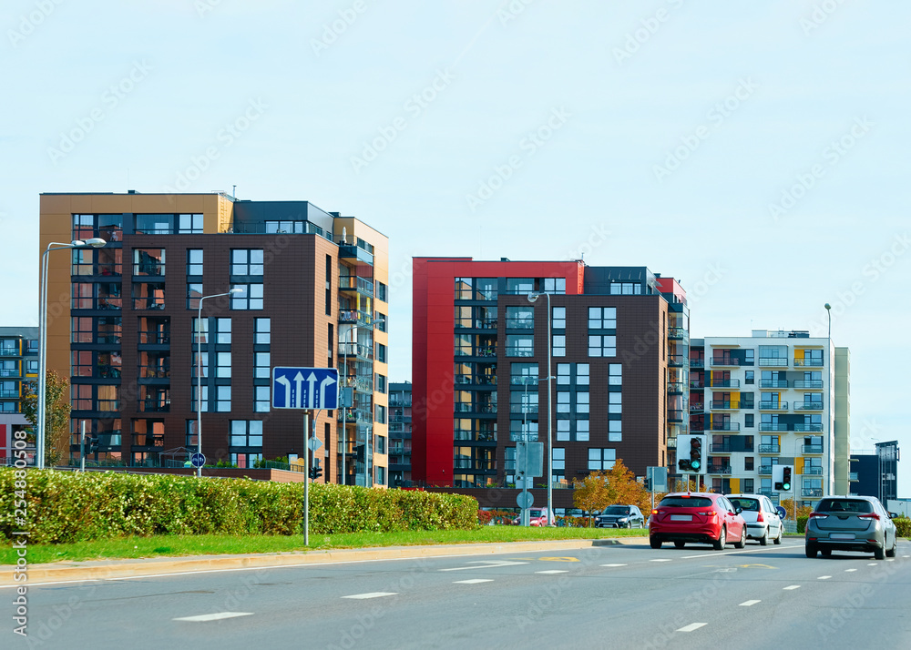 Apartment modern house residential building complex street parking ...