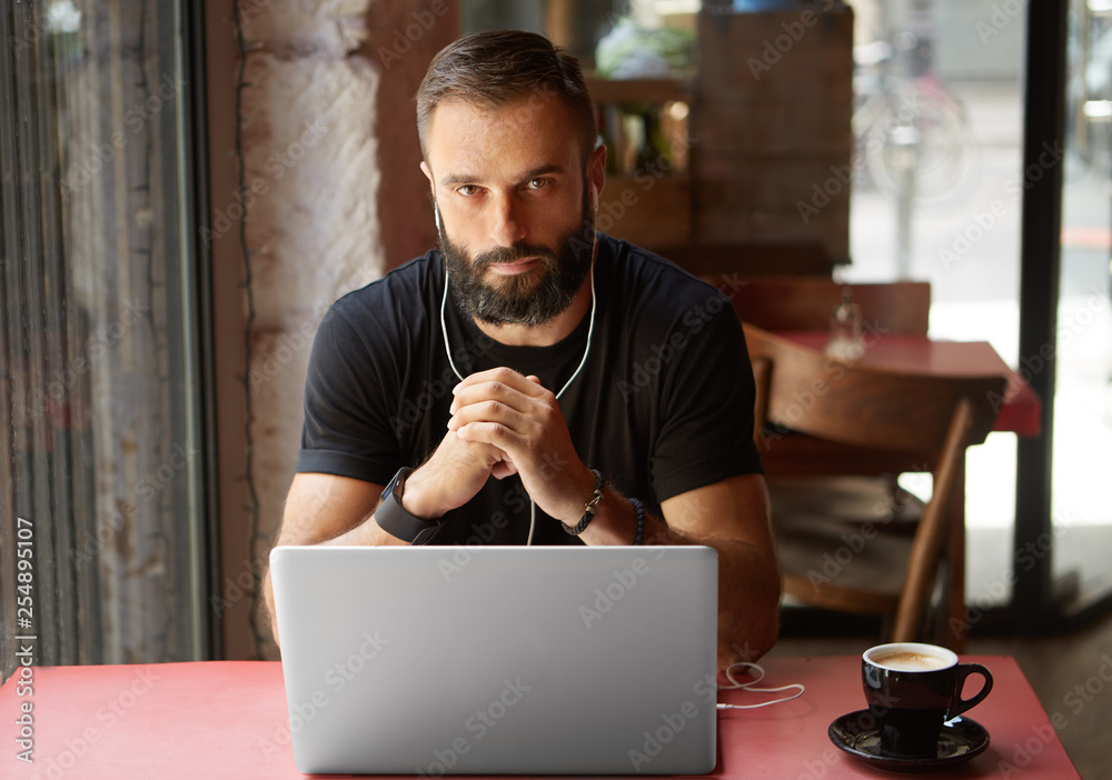 Handsome Young Bearded Businessman Wearing Black Tshirt Working Laptop ...