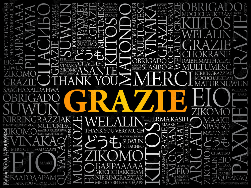 Grazie (Thank You in Italian) word cloud background in different ...