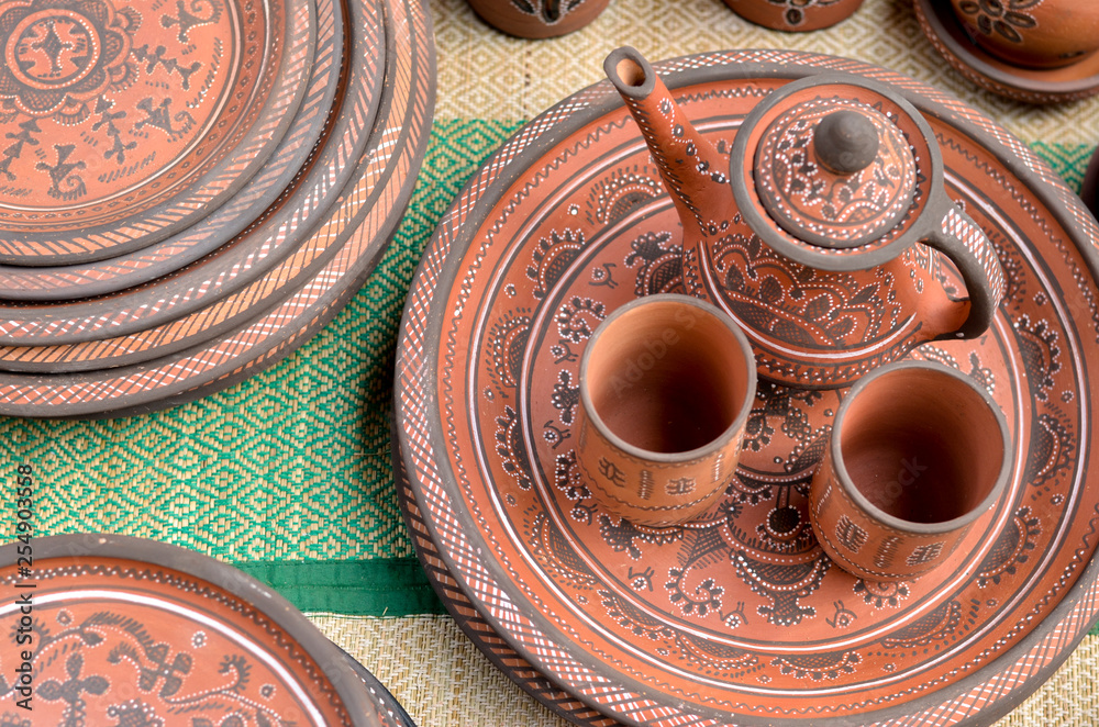 Top view closeup of beautiful Gujarati Khavda Pottery earthen ...