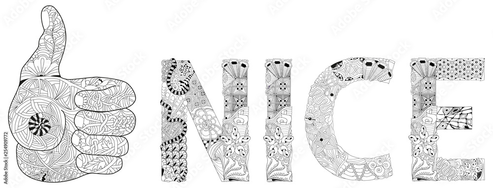 Zentangle stylized hand thumbs up line color icon with word NICE for ...