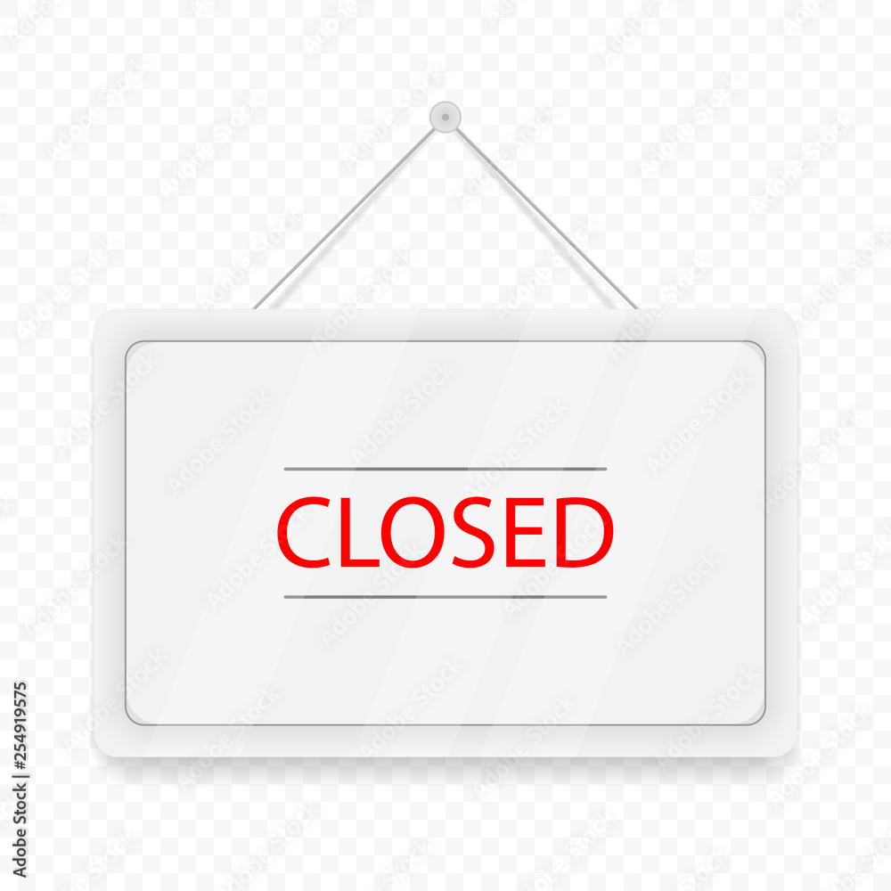 Red Closed hanging door. White signboard with shadow isolated on ...