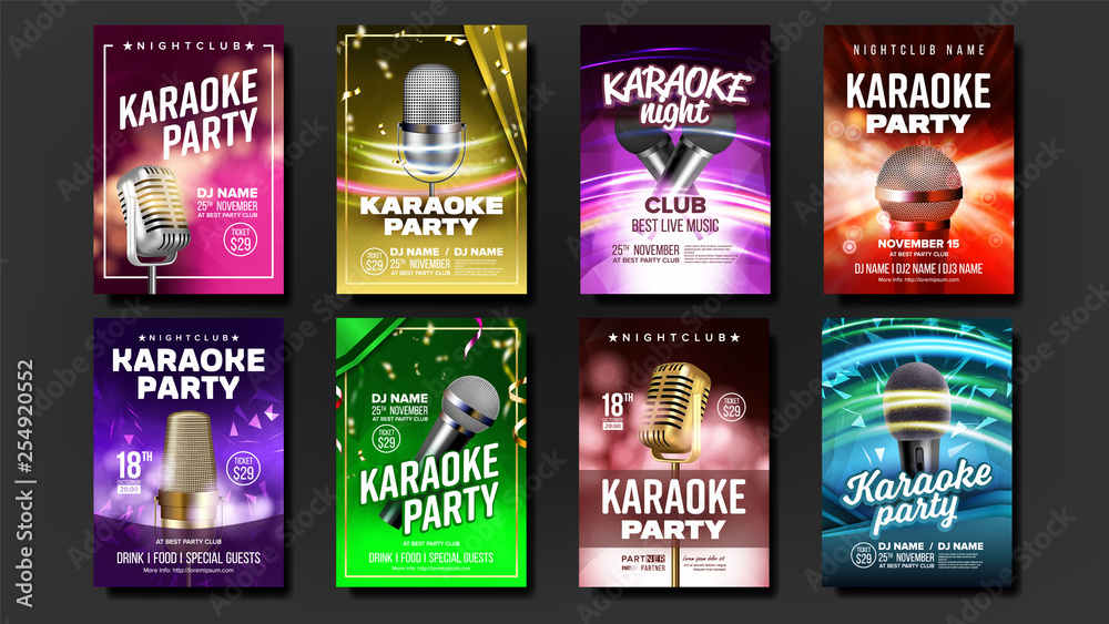 Karaoke Poster Set Vector. Music Night. Sing Song. Dance Event. Vintage ...