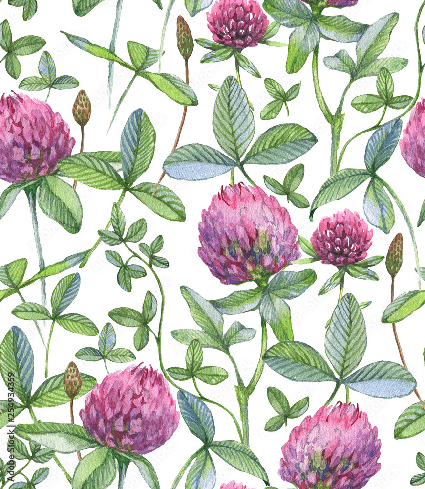 Hand-drawn watercolor seamless floral pattern with the pink clover ...