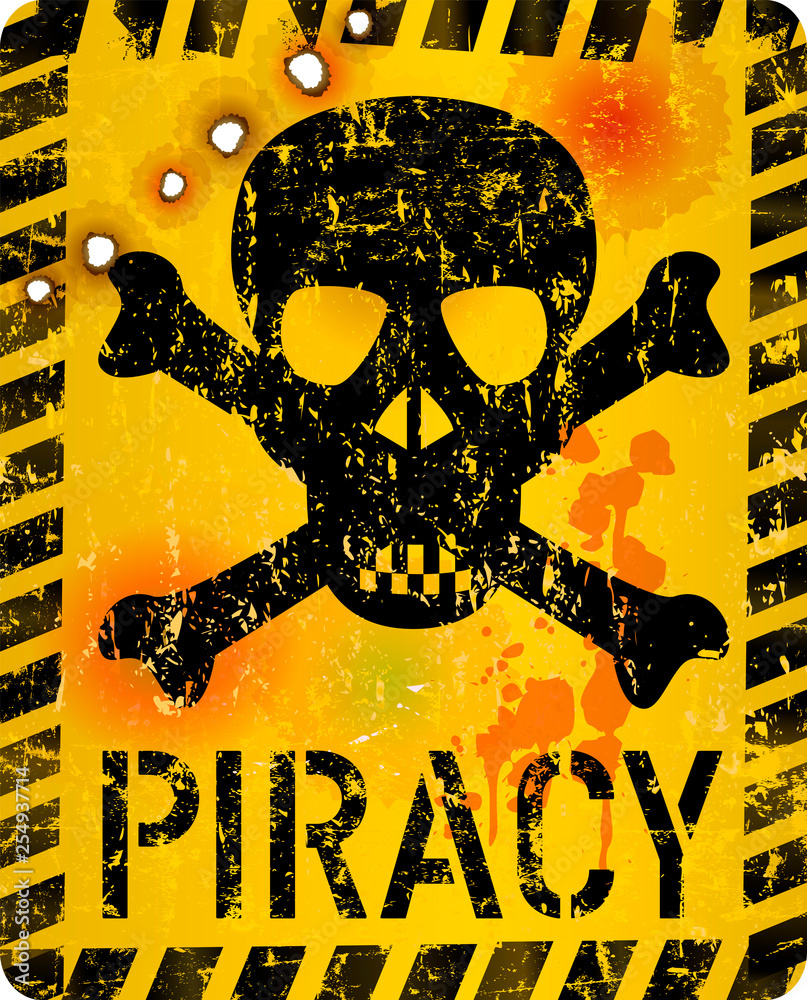 grungy internet piracy warning sign with skull and bullet holes, vector ...