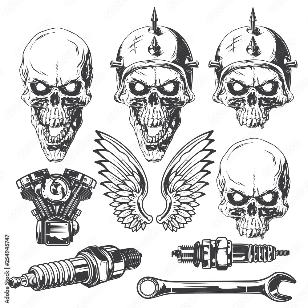 Hand drawn illustrations of a biker skulls, motorcycle engine, wrench ...