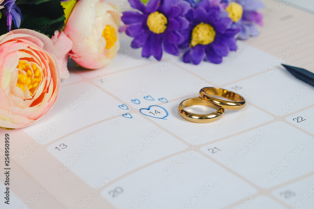 Word Wedding to Reminder Wedding day with Wedding ring on calendar ...