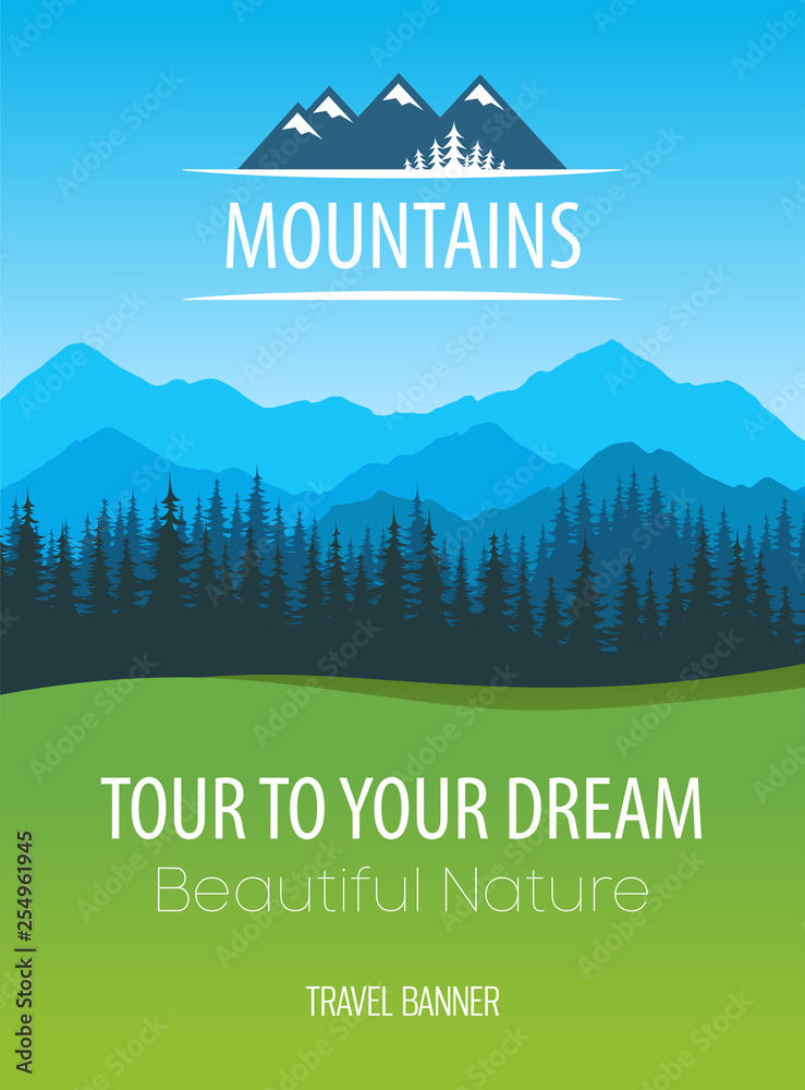 Mountains Nature, vector Travel Poster - Design of scenic colorful ...