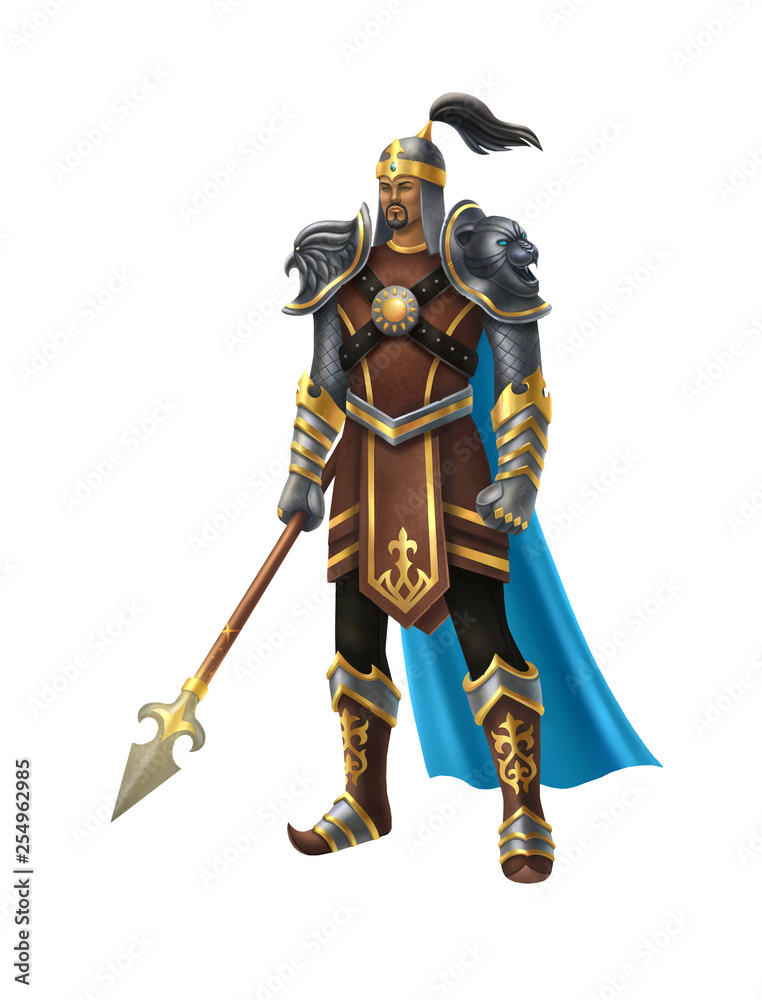 Nomad warrior, hero in national costume and armor with a spear. Game ...