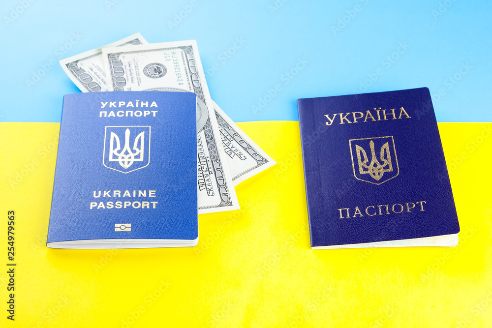 Ukrainian biometric passport and internal passport on background of ...