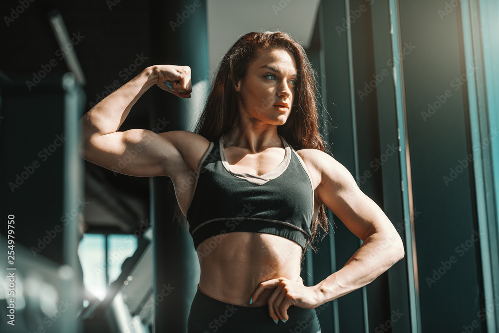 Portrait Of Beautiful Caucasian Female Bodybuilder Posing In Gym And Showing Muscles Dont Wish