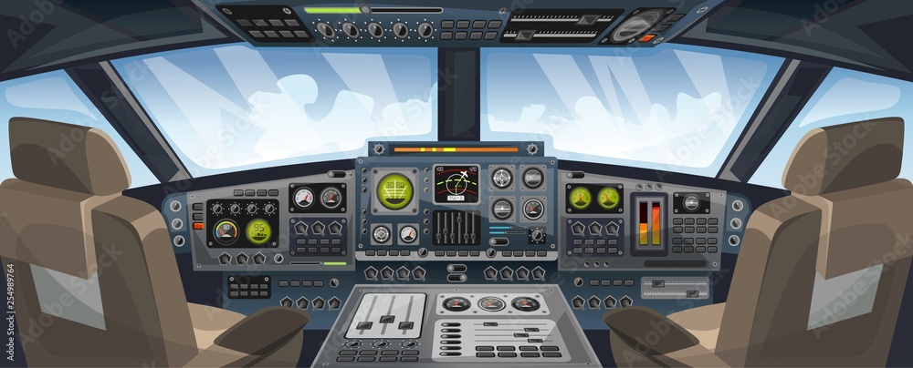 Airplane cockpit view with control panel buttons and sky background on ...