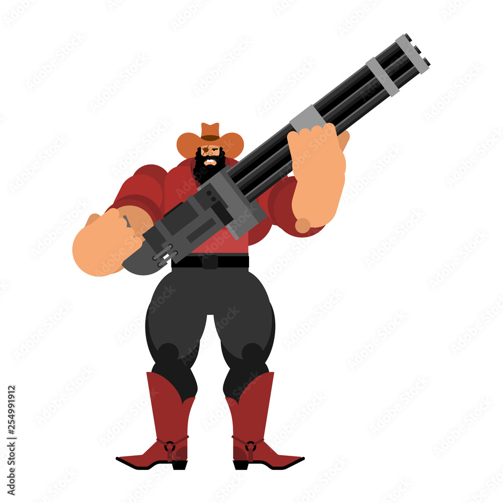 Angry Cowboy and Minigun gun. Wild West Bandit gunfighter. Western man ...