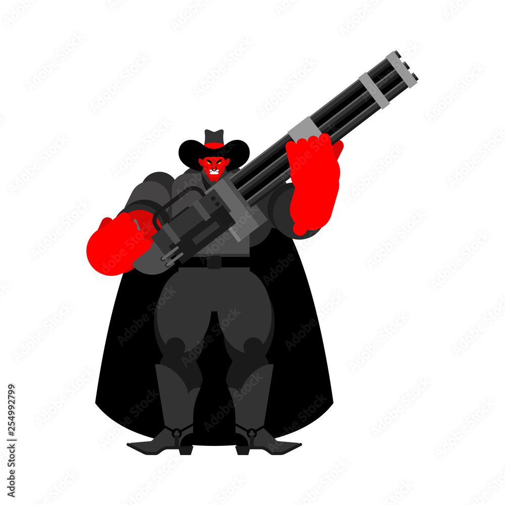 Devil evil Cowboy and Minigun. Wild West Demon gunfighter. Angry ...