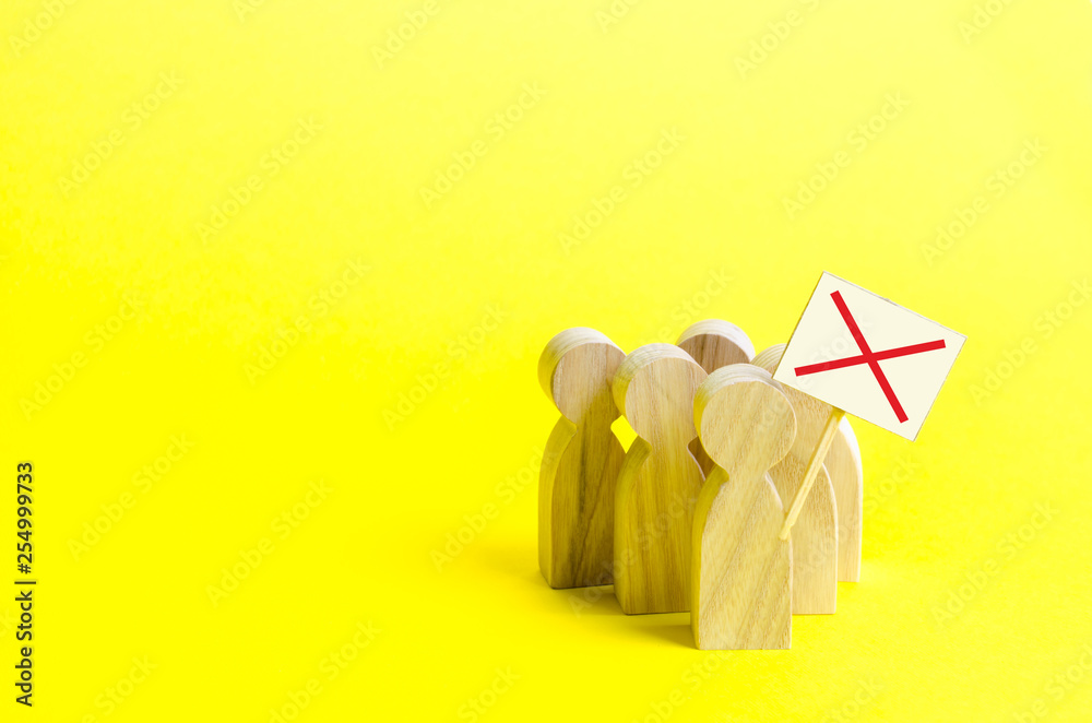 A group of protesting figures with signs on an yellow background. An ...