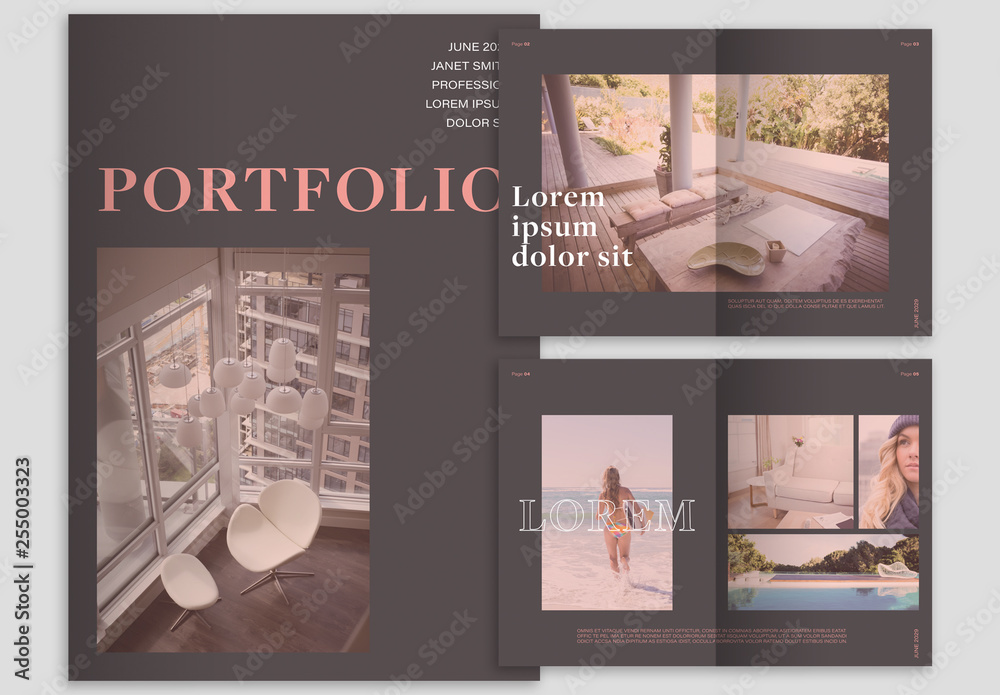 Dark Purple Portfolio Layout with Pink Accents Stock Template | Adobe Stock