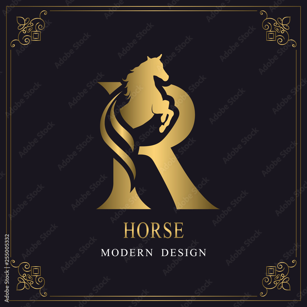 Capital Letter R with a Horse. Royal Logo. King Stallion in Jump ...
