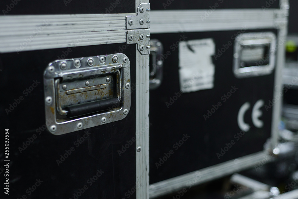 Stage equipment behind the scenes. Concert activity. Cases for ...