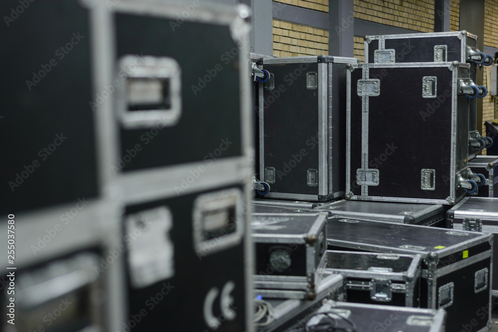Stage equipment behind the scenes. Concert activity. Cases for ...
