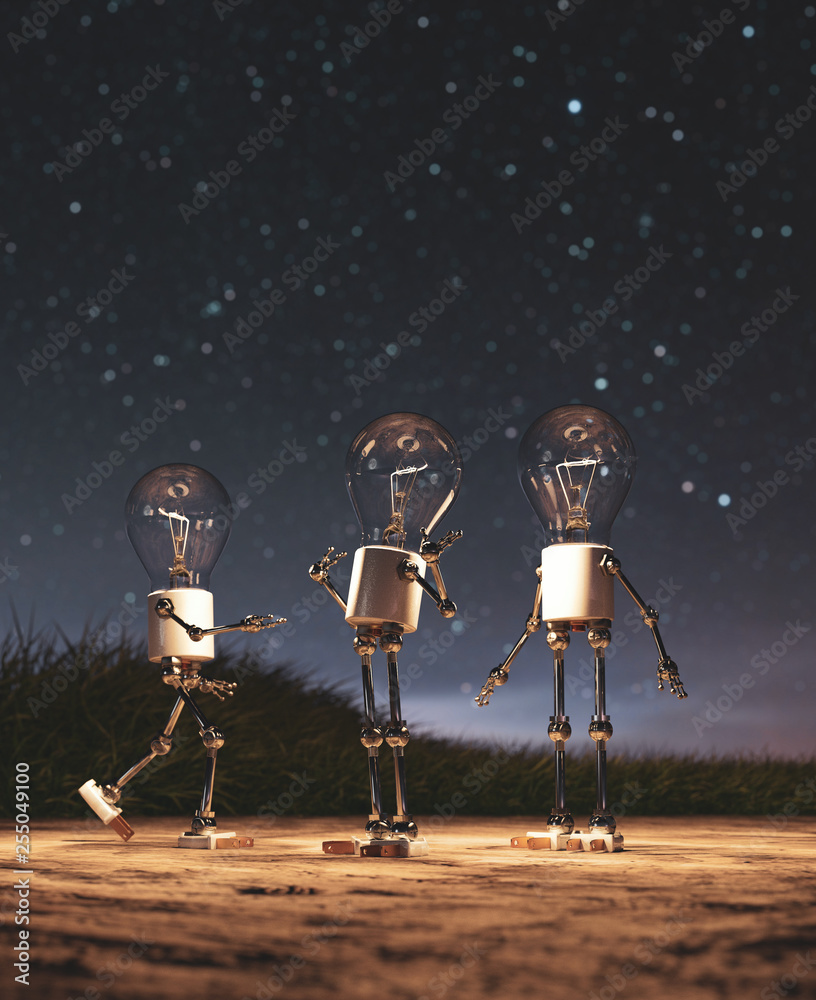 Light bulb robots giving a light in starry night conceptual background ...