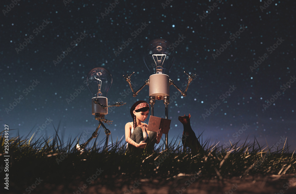 Light bulb robot giving a light to the girl who reading a book in ...