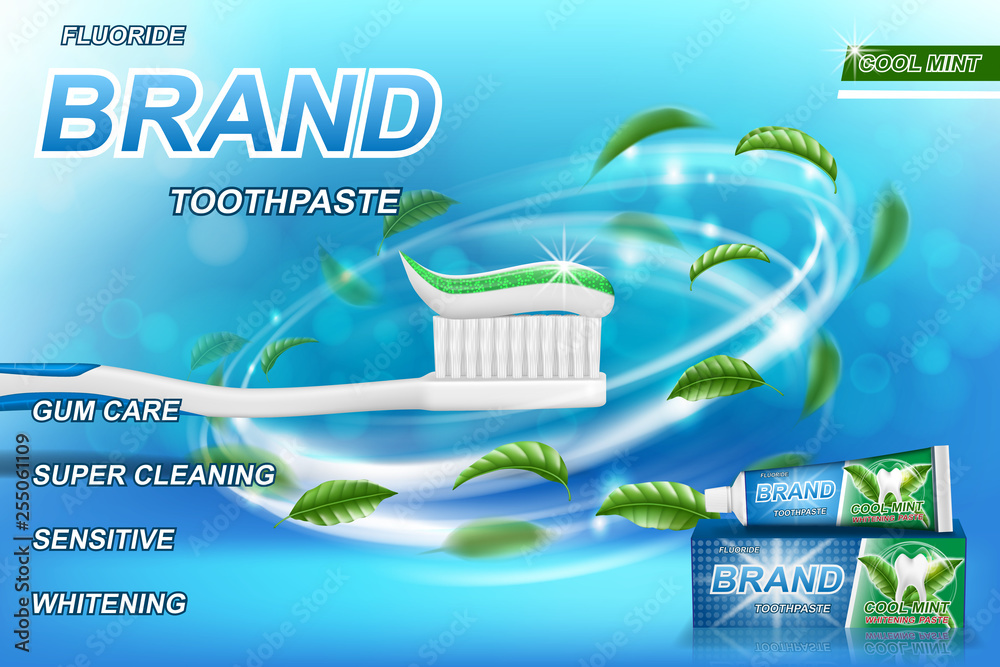 Whitening toothpaste ads, mint leaves background. Tooth model and ...
