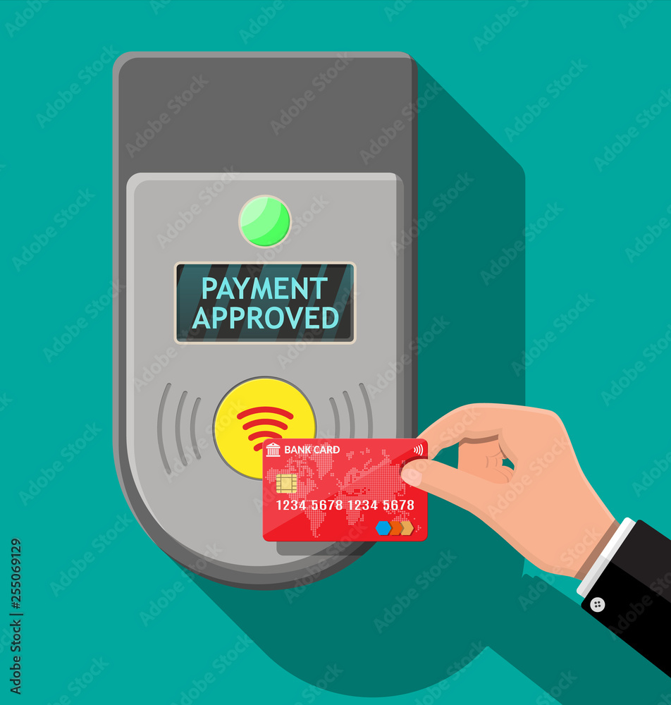 Terminal and bank card in hand. Airport, metro, bus, subway ticket ...