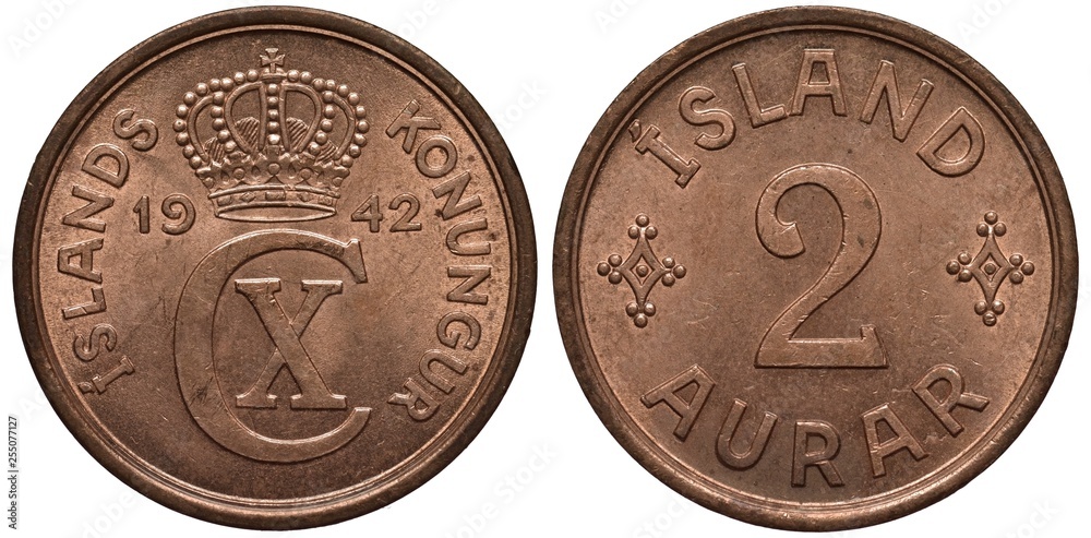 Iceland Icelandic coin 2 two aurar 1942, Danish Administration, crowned ...