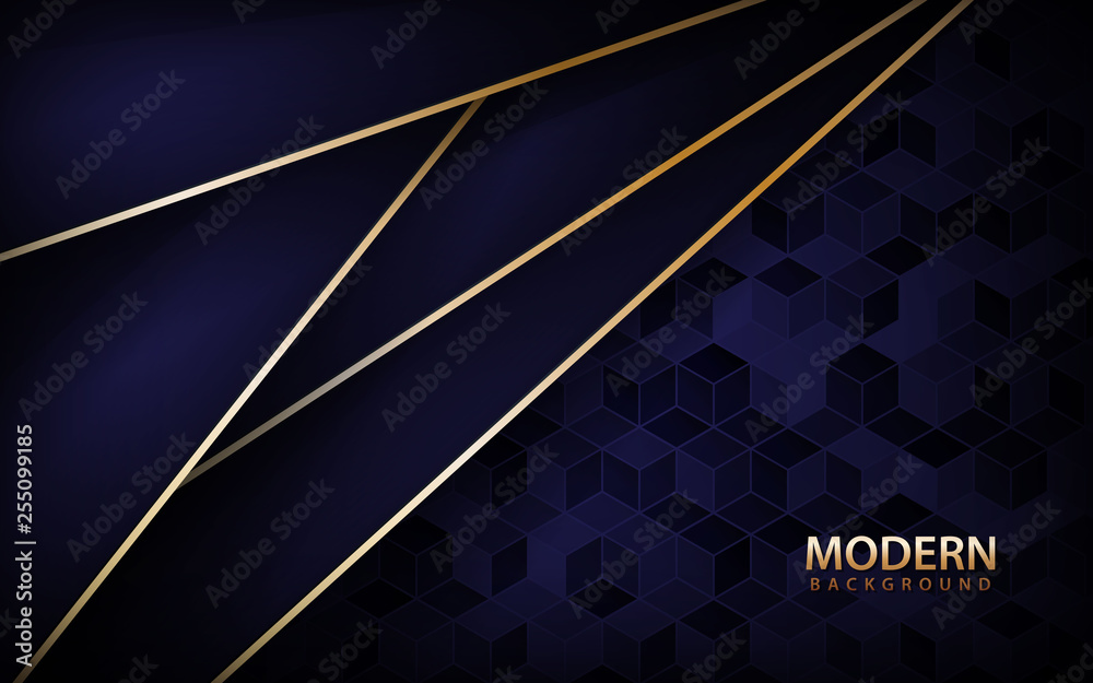 Blue overlap background vector. Realistic layer with golden line on cubes pattern background ...