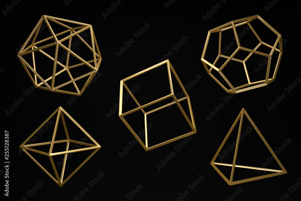 Golden Platonic solids on a dark black background. Abstract ...