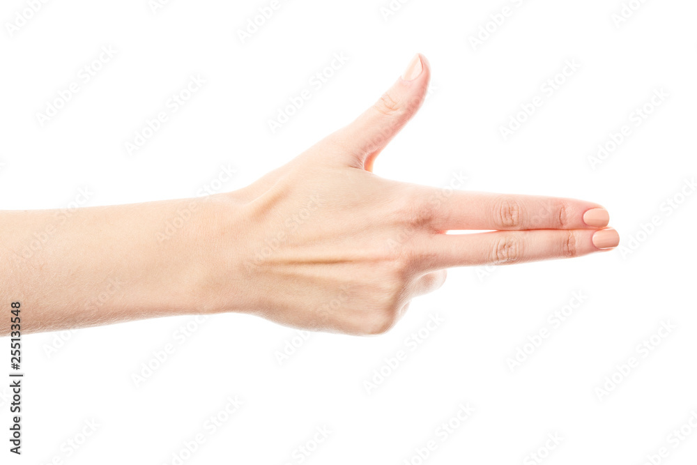 Woman's hand making shooting gun, gesture. hand pistol gesture on ...