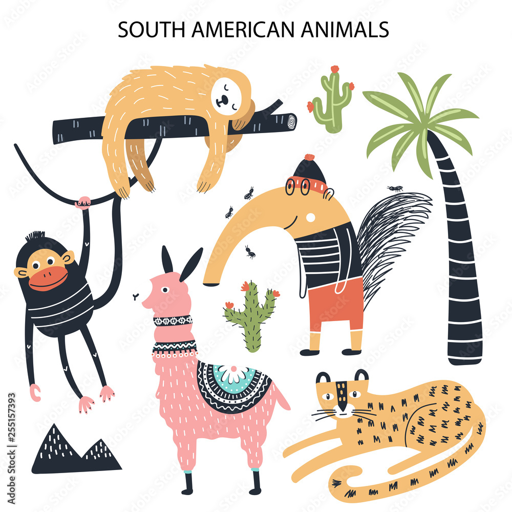 Set of diferent cartoon South American animals. Cute handdrawn kids ...