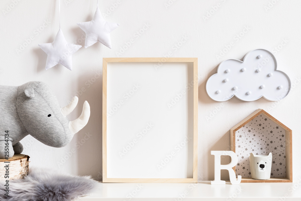 The modern scandinavian newborn baby room with mock up photo frame ...