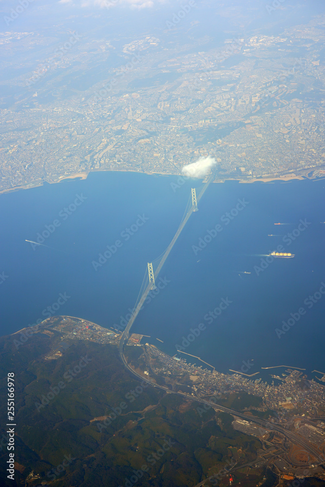 View of the Akashi Kaikyo Bridge, a suspension bridge over the Akashi ...