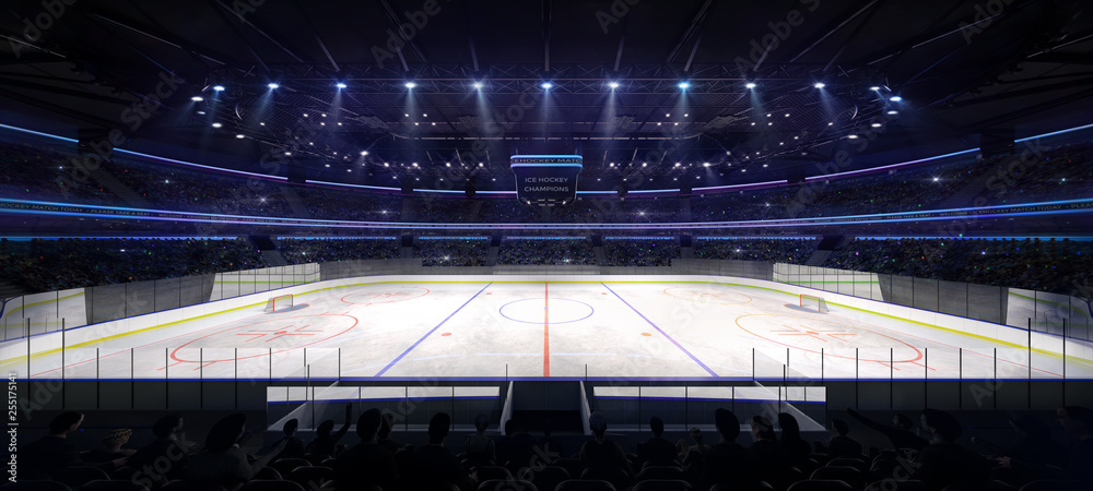 grand ice hockey arena inside view illuminated by spotlights, hockey ...