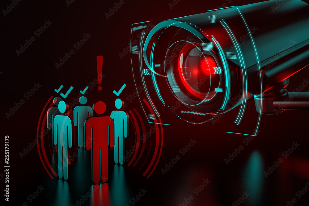 Giant camera checkes group of people as a metaphor of AI-driven ...
