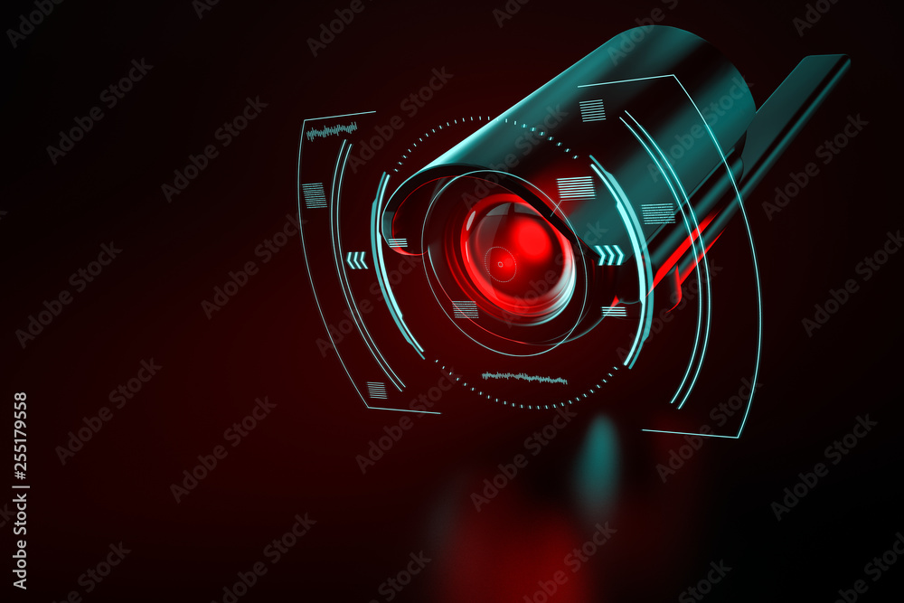 Security surveillance camera with interface or HUD around it on an even ...