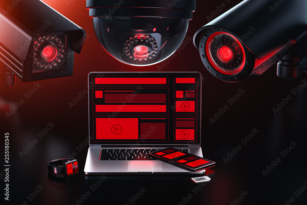 Data leakage concept. Three different cctv camera is spying on a ...