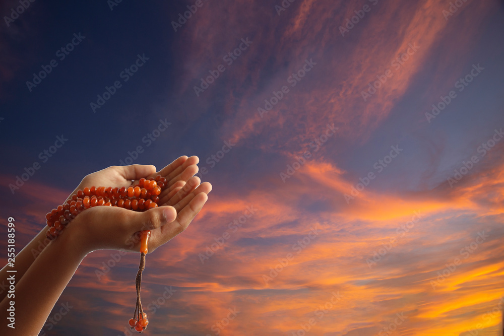 Empty hands holding a rosary for praying supplication, Concept: symbol ...