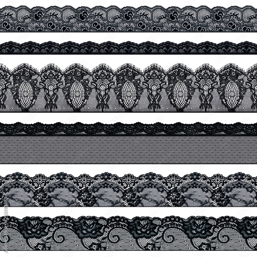 Set of elegant black lace ribbons on a white background. Lace braid ...