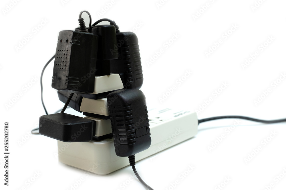 Multiple socket with connected power Strip with a bunch of plugs and ...