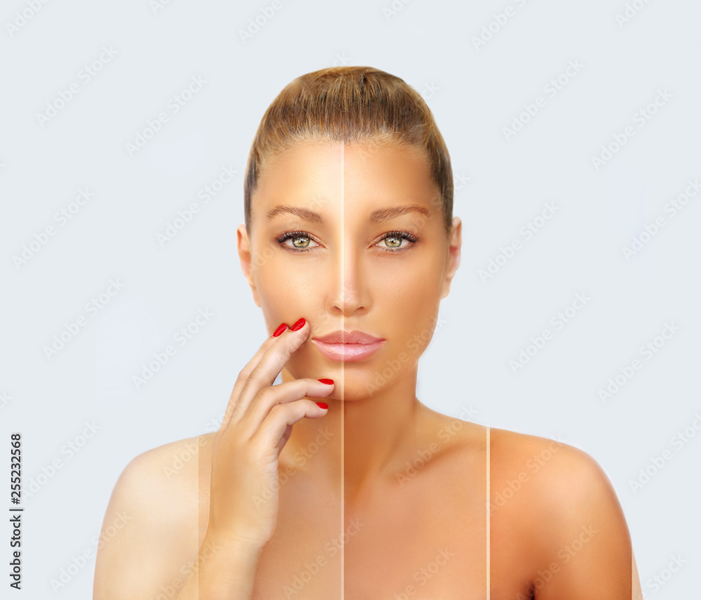 Beauty visual about suntan. Model's face divided in parts - tanned and ...