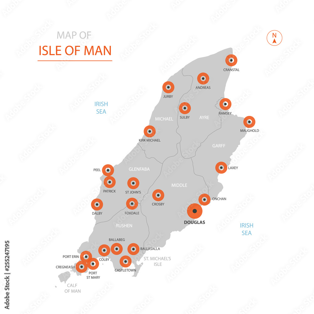 Stylized vector Isle of Man map showing big cities, capital Douglas ...