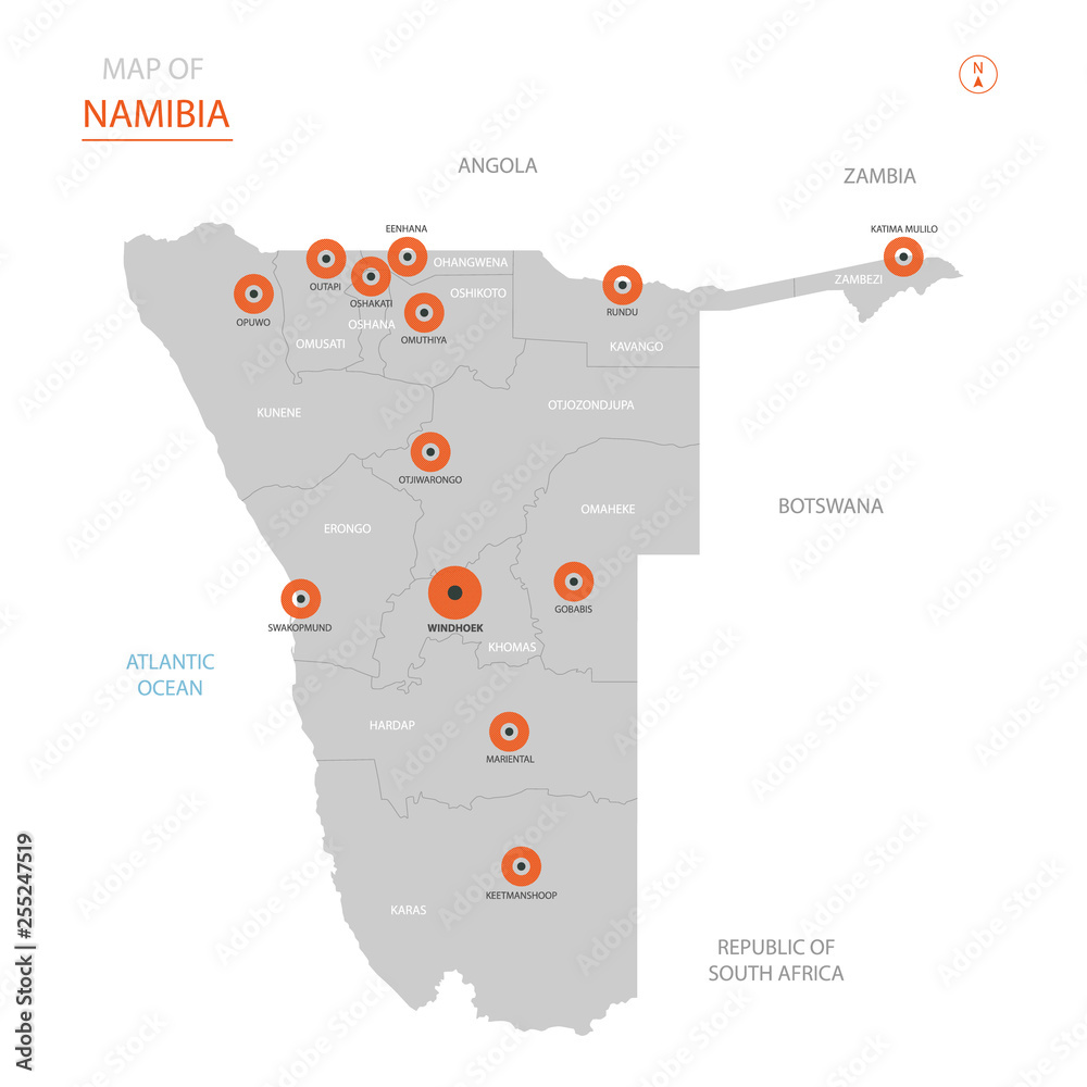 Stylized vector Namibia map showing big cities, capital Windhoek ...