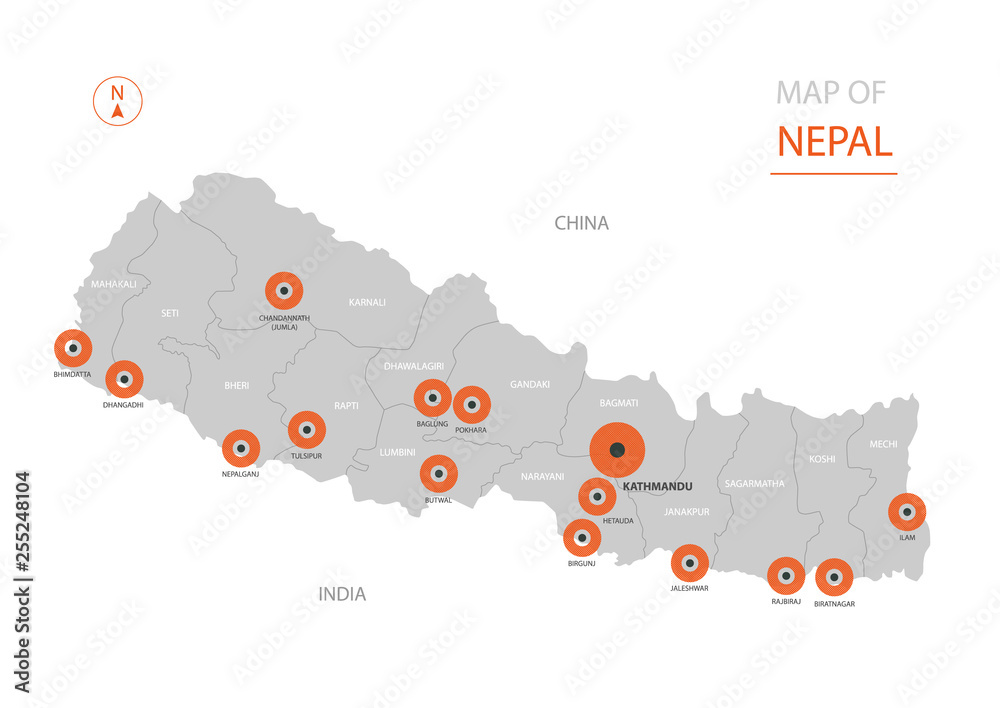 Stylized vector Nepal map showing big cities, capital Kathmandu ...
