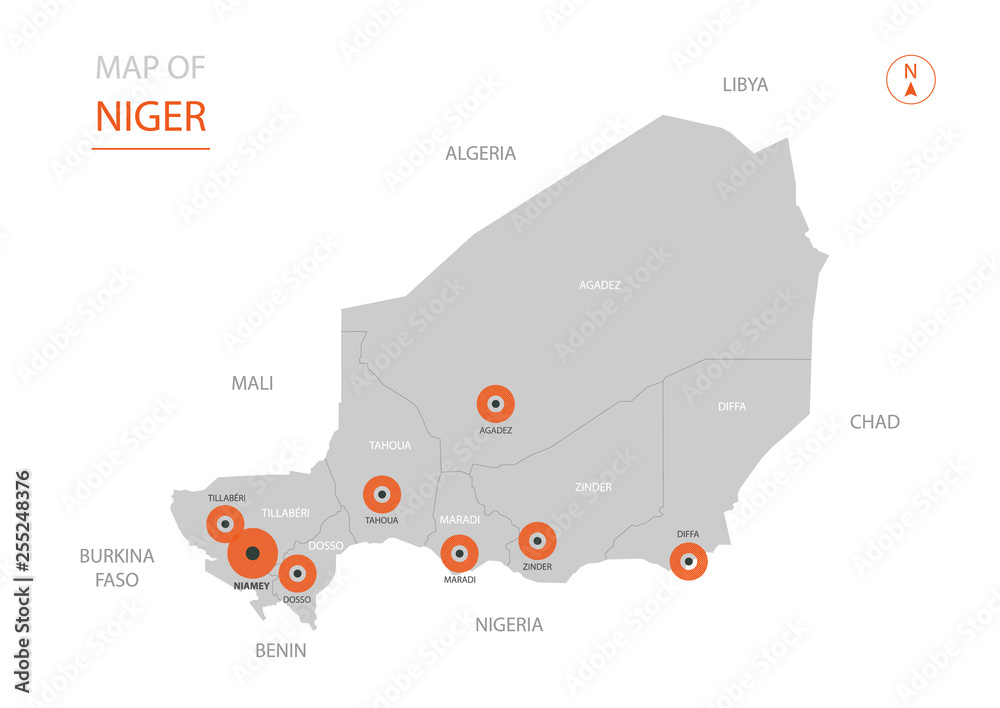 Stylized vector Niger map showing big cities, capital Niamey ...