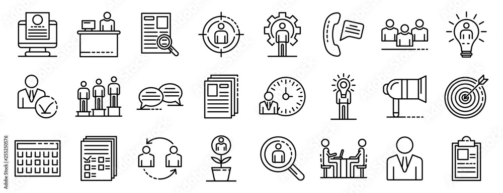 Recruitment icons set. Outline set of recruitment vector icons for web ...