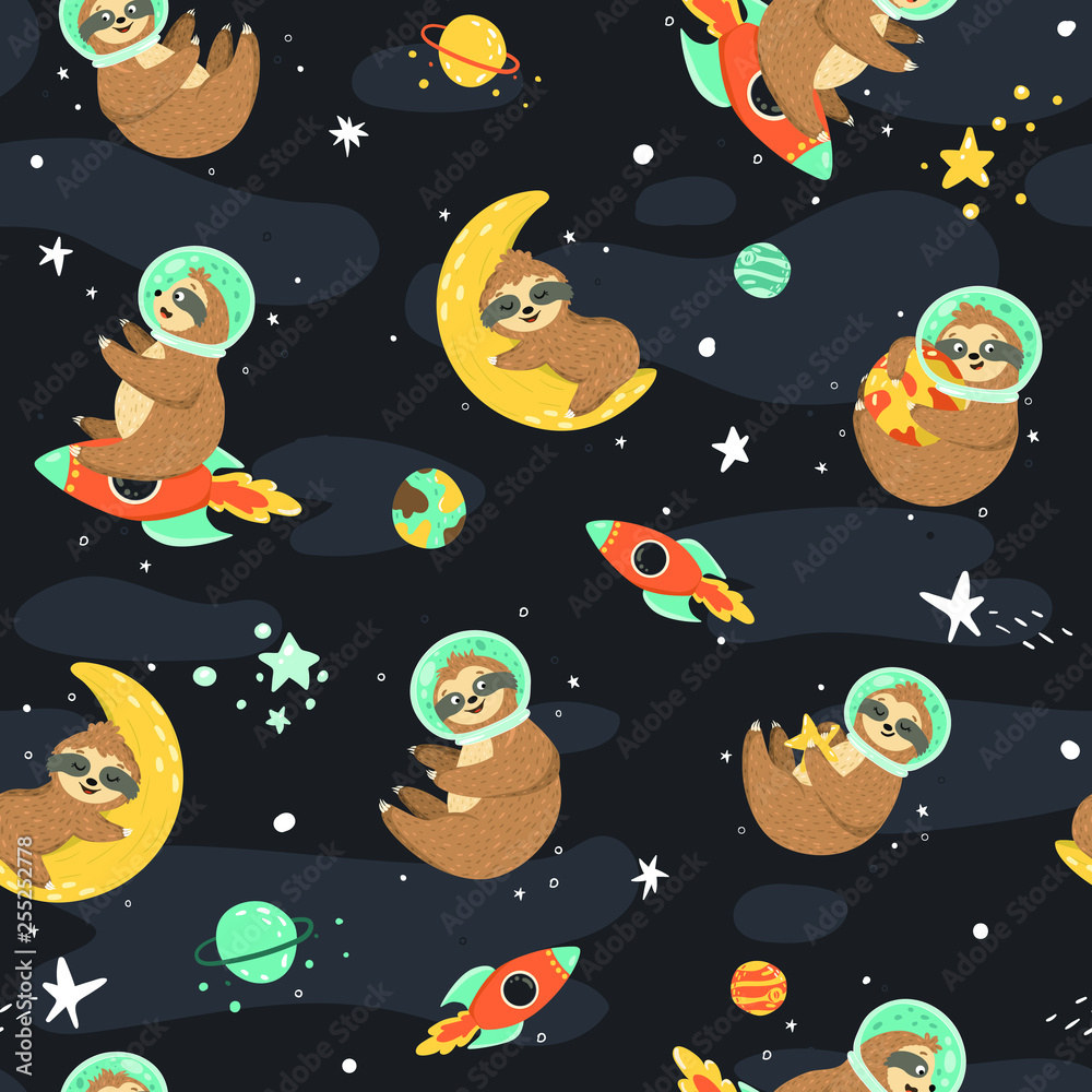 Seamless space pattern with funny sloth astronaut, stars, planets ...